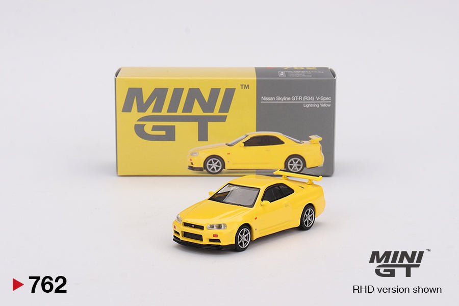 Mini GT Nissan Skyline GT-R (R34) V-Spec Lightning Yellow (RHD) - 1:64 ...