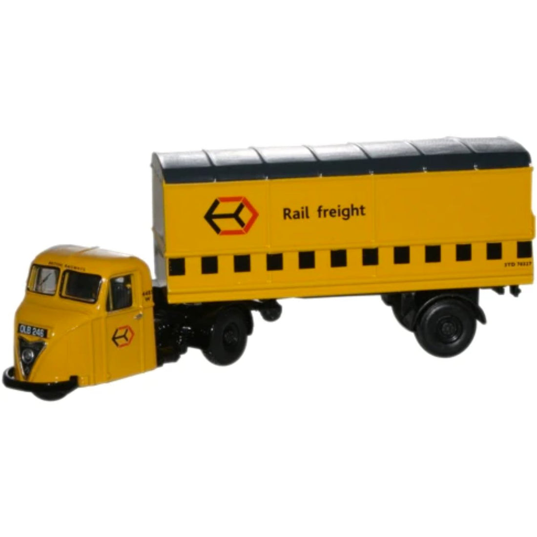 Oxford Diecast 76RAB009 Railfreight Yellow Scammell Scarab Van Trailer - Phillips Hobbies